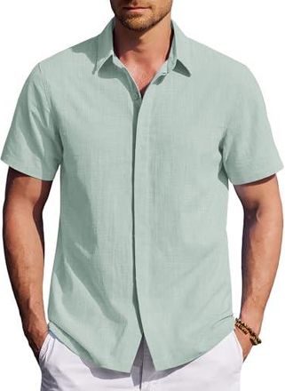 Coofandy Chemise Homme Manches Courtes Coton &Eacute;t&eacute; Chemise Casual Homme Plage Vacances Confort Respirante avec Boutons Cach&eacute;s Vert Clair S