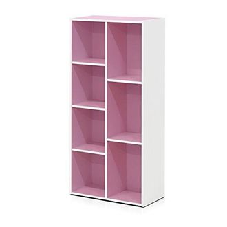 Furinno Luder Bibliothèque Etagère de Rangement Ouverte à 7 Cubes, Blanc/Rose