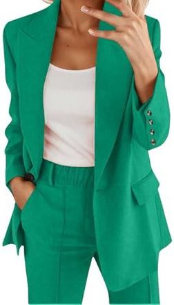 Generic Costume 2 pi&egrave;ces pour femme - Blazer d&eacute;contract&eacute; &agrave; manches longues - Pantalon large - Tenue de bureau avec poches - Ensemble d&eacute;t&eacute; assorti, Vert, XXL
