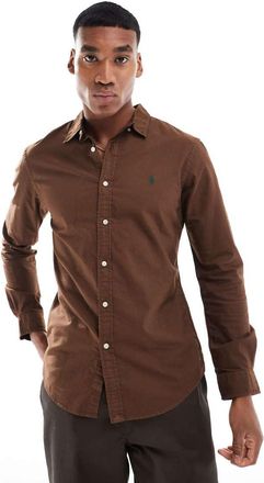 Polo Ralph Lauren St&uuml;ckgef&auml;rbtes Oxford-Hemd in Braun mit schmalem Schnitt und Markenlogo-Grau