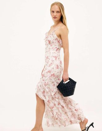 NA-KD Robe longue en dentelle &agrave; volants - Fleurs roses-multicolore