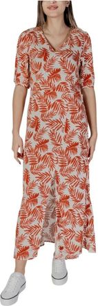 b.young Robe longue &agrave; motif feuilles col en V manches courtes - Femme - Robes - Brun - Taille: 32 FR