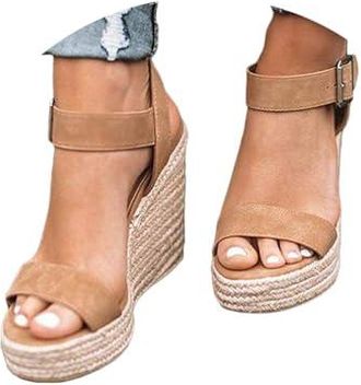 Minetom Femme Chaussure Sandale Mariage Cérémonie Plateforme Lanière Cheville Lanière Épaisse Corde Avec De La Paille Talon Plateforme C Kaki 39 EU