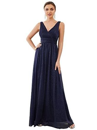 Ever-pretty Robe de Bal Soir&eacute;e Col en V Taille Empire A-Line &Eacute;l&eacute;gante Longue Briller Femme Bleu Marine 48