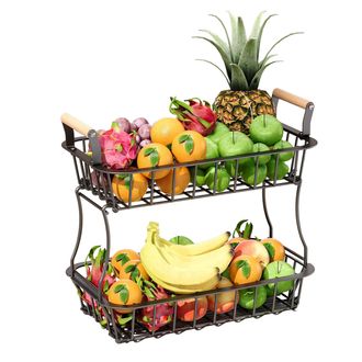 Relaxdays Obstkorb 2-st&ouml;ckig, Obstschale f&uuml;r die K&uuml;che, Metallkorb f&uuml;r Obst und Gem&uuml;se, Griffe, Metall & Holz, schwarz