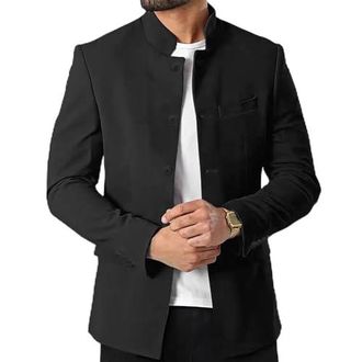 Generic Tunique chinoise pour homme - Col mandarin - Coupe ajust&eacute;e - Bouton sur le devant - Blazer traditionnel, Noir, 3XL