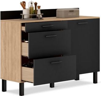IDMarket Buffet Bas casserolier de Cuisine 120 CM CINA Plan de Travail H.83 cm 1 Porte + 3 tiroirs façon hêtre et Noir