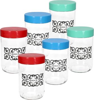 MamboCat Ida 6er Set Glasbehälter mit Deckel I Aufbewahrungsglas mit farbigem Kunststoff-Deckel - in 3 Farben I ideal als Sortier-Behälter für Badezimmer DIY H