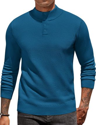 Coofandy Pullover Herren Henley Pullover Stehkragen Strickpullover Langarm Henley Shirt M&auml;nner Sweater mit Knopfleiste Dunkelgrau XXL