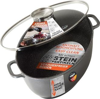 STONELINE Cocotte &agrave; Induction Ovale 38,8x26,3 cm, en Fonte dAluminium, avec Couvercle en Verre et Fonction Aromatique pour lajout dos&eacute; de liquides, Rev&ecirc;tement A