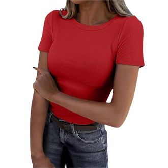 Generic T-shirt &agrave; manches courtes pour femme - Col rond - Maille c&ocirc;tel&eacute;e - Coupe ajust&eacute;e - T-shirt basique d&eacute;t&eacute; d&eacute;contract&eacute;, rouge, L