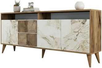 Dmora Konsolentisch Virgo, Wohnzimmer-Sideboard, niedriger TV-Schrank, ausgestatteter Wandsockel, 180 x 35 h79 cm, Walnuss und wei&szlig;er Marmor