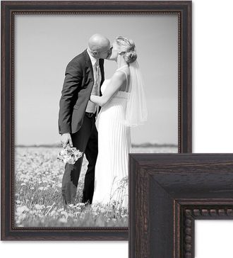 Photolini Bilderrahmen 40x50 cm Shabby-Chic Landhaus-Stil Dunkelbraun Massivholz mit Glasscheibe und Zubehör/Fotorahmen