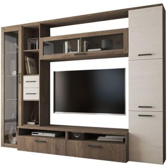 Dmora Wohnwand Sovizzo, Wohnzimmerm&ouml;bel mit 5 Regalen, 2 Schubladen, modular, Nussbaum braun