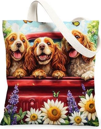 Generic Sac fourre-tout en toile r&eacute;utilisable pour le shopping Motif l&eacute;vrier printanier 33 x 38,1 cm, motif chien, marguerite, chiot sc&eacute;nique, sac d&eacute;picerie p