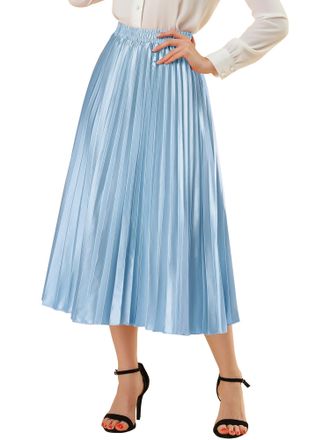 Allegra K Damen St. Patricks Day Party Elastische Taille Metallic Gl&auml;nzend Akkordeon Plissee Midi Rock, Blau, Klein