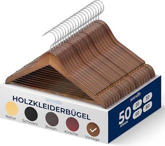 SereneLife 50 Stück- - Kleiderbügel Holz, Robuste & rutschfeste- Holzbügel, 1,2cm dick, 360° drehbarer Haken, Einkerbungen im Schulterbereich, Ideal für Anzüge, 