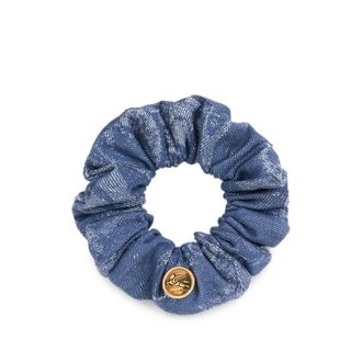 Etro COTTON AND LINEN JACQUARD DENIM SCRUNCHIE WITH LEAFY MOTIF