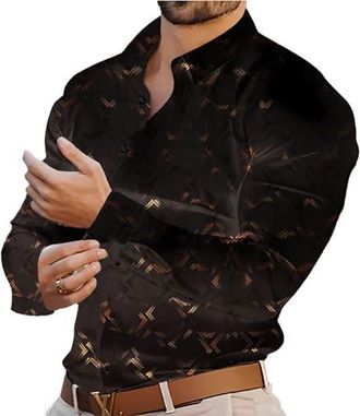 Generic Chemise habill&eacute;e &agrave; imprim&eacute; g&eacute;om&eacute;trique pour homme, chemise imprim&eacute;e feuille dor, chemises luxueuses et sophistiqu&eacute;es, chemises confortables &agrave; manches 