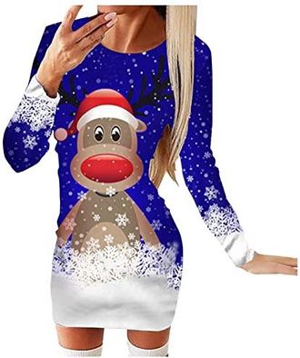 Generic Robes amincissantes 2026 pour femmes, motif rennes de No&euml;l et flocons de neige, col rond, manches longues, moulants, mini robe moulante &agrave; coutures, bl