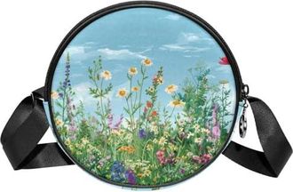 Generic Petit sac &agrave; bandouli&egrave;re circulaire pour femme, motif fleurs sauvages, herbes sauvages, sac &agrave; dos &agrave; bandouli&egrave;re avec fermeture &eacute;clair, bretelles r&eacute;glab