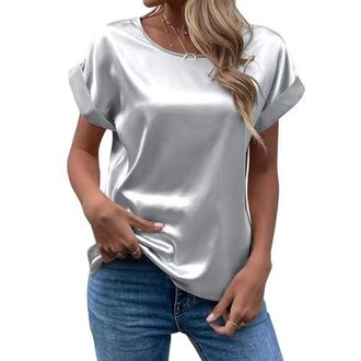 Generic Chemisier en satin de soie pour femme, col rond, manches courtes, tenue d&eacute;contract&eacute;e, haut &agrave; manches courtes, t-shirt &agrave; col rond, gris, XXL