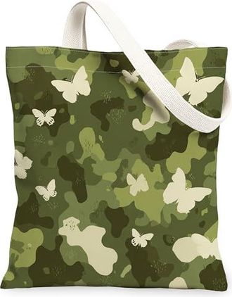 Generic Sac fourre-tout en toile avec motif de papillons et camouflage, sacs d&eacute;picerie l&eacute;gers, lavables et r&eacute;utilisables, vintage, vert, 13x15 Inch