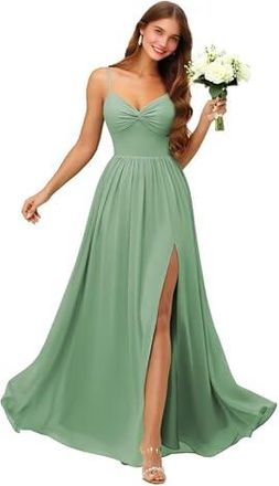 Generic Robe de demoiselle dhonneur en mousseline de soie plissée avec col en V et bretelles spaghetti avec fente, vert sauge, 48