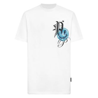 Philipp Plein Homme, Tops, Blanc, Taille: S T-Shirt Col Rond Smile Balloon