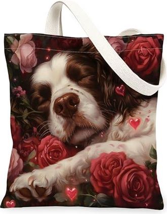 Generic Sac fourre-tout en toile motif &eacute;pagneul Springer pour faire du shopping, 33 x 38,1 cm, sac d&eacute;picerie r&eacute;utilisable pour la Saint-Valentin, motif roses 