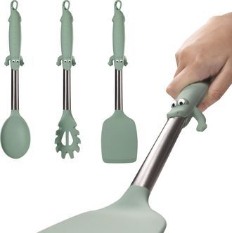 Bone Collection BONE Silikon-K&uuml;chenhelfer Set - 3-teiliges Kochbesteck mit Pfannenwender, L&ouml;ffel & Pastal&ouml;ffel - Niedliches Tierdesign, hitzebest&auml;ndig & antihaft - Se