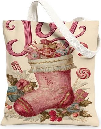 Generic Sacs fourre-tout en toile avec motif de chaussettes de No&euml;l vintage joyeux, sacs d&eacute;picerie r&eacute;utilisables, r&eacute;tro l&eacute;gers et lavables, p&ecirc;che, 13x15 Inch
