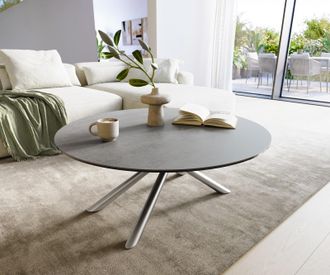 DELIFE Couchtisch Edge Rund 100x100 cm Keramik Beton Grau Sarity Edelstahl geb&uuml;rstet, Couchtische