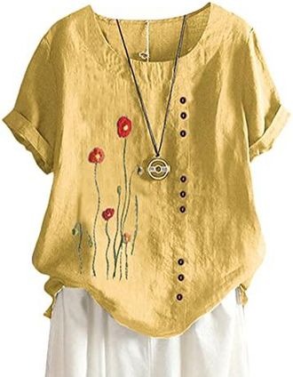 ORANDESIGNE Femme Chemise Lin Tunique Manches Courte Casual Couleur Unie Boutonné Col Rond Blouse en Lin Tops Haut à Fleurs G Jaune XS