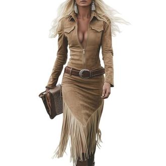 Generic Mini robe western vintage en daim &agrave; manches longues avec d&eacute;tails &agrave; revers et franges pour femme, kaki, 38