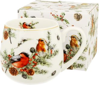 Duo Weihnachtstasse 430 ml aus New Bone China Porzellan in Geschenkbox, Kaffe-Tasse, Kaffebecher, Teetasse (Christmas Birds)