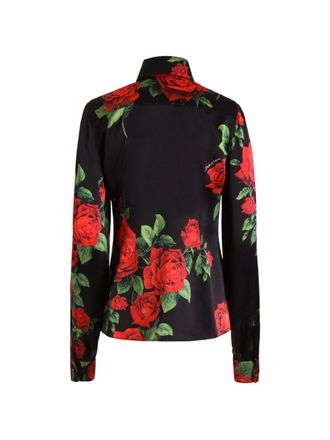 Dolce & Gabbana Rose-Print Silk Shirt - Black