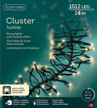 Lumineo Lichterkette Cluster Twinkle warm wei&szlig; - 1512 LEDs - 14 Meter - schwrazes Kabel - Indoor & Outdoor - Timer - dimmbar - IP44 Schutz