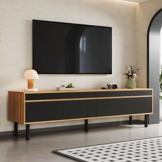 STILVORA Meuble TV avec 4 Portes et Poussoirs, Effet Lames, Pieds en Bois, Style Moderne, en Panneaux, Noir, 170&times;38&times;47 cm