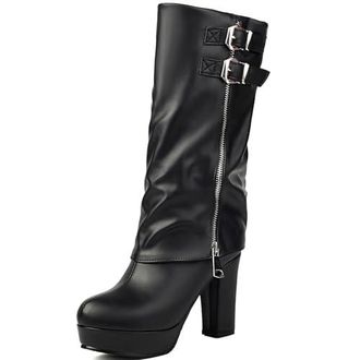 SJJH Bottes mi-longues Design unique | Bottes pour femmes par temps frais, talon 9,5 cm, fermeture &eacute;clair lat&eacute;rale, confortables, Noir, 38 EU