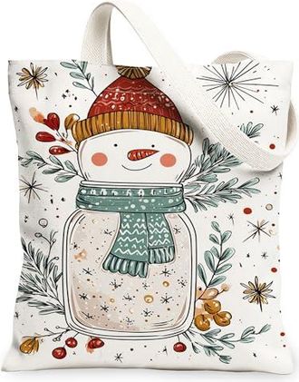 Generic Sacs fourre-tout en toile motif bonhomme de neige dhiver, sacs d&eacute;picerie r&eacute;utilisables, sacs d&eacute;picerie de No&euml;l, vintage, l&eacute;gers, lavables, blanc, 13x1