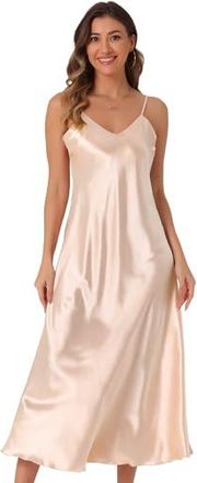 Allegra K Robe Longue Pyjama en Satin Femme sans Manches Col en V &agrave; Bretelles Spaghetti Robe de Chambre Soyeuse Chemise de Nuit Or Clair XL
