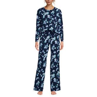 Lands End Gemustertes Pyjama-Set aus Baumwoll-Jersey, Damen, Gr&ouml;&szlig;e:44-46 regular, Blau, Elasthan/Baumwoll-Mischung, by Lands End