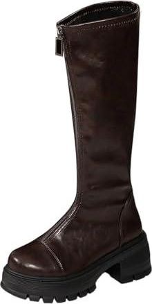 Generic Bottes hautes d&eacute;contract&eacute;es et extensibles pour femme - Bout rond - Talon &eacute;pais - Fermeture &eacute;clair sur le devant - Antid&eacute;rapantes - Confortables - Cou