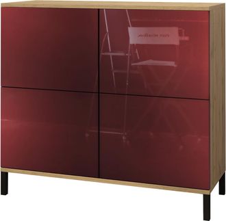 Vladon Kommode Rova V3, Moderner Küchenschrank mit 4 Push-to-Open Türen Eiche Evoke/Bordeaux Hochglanz (92,5 x 83.5 x 35)