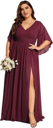 Ever-pretty Robe de Demoiselle dhonneur &Eacute;l&eacute;gante avec Manches &Agrave; Volants et Taille Empire Bordeaux 48