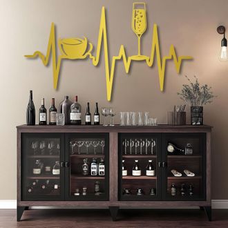 Generic Moderne minimalistische Wanddekoration aus Metall: Herzschlag-Weinglas & Kaffeetasse, Wanddekoration f&uuml;r Kaffee, Wanddekoration f&uuml;r Bars, Weingl&auml;ser f