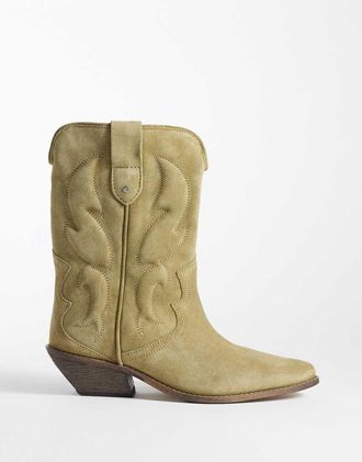 Bronx Chel-sey - Bottines style western en daim d&eacute;lav&eacute; - Olive-Vert