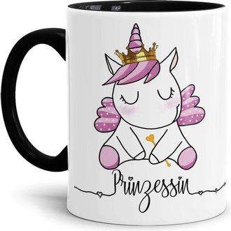 Tassendruck Einhorn-Tasse mit Spruch Unicorn Prinzessin - Glitzer/Rosa/Geschenk-Idee/Stern/Regenbogen/Innen & Henkel Schwarz