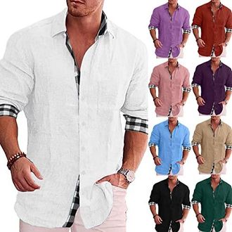 Generic Chemise d&eacute;contract&eacute;e en coton et lin pour homme, l&eacute;g&egrave;re &agrave; manches longues avec patchwork &agrave; carreaux, haut d&eacute;t&eacute; respirant, tenue dentra&icirc;nement conforta